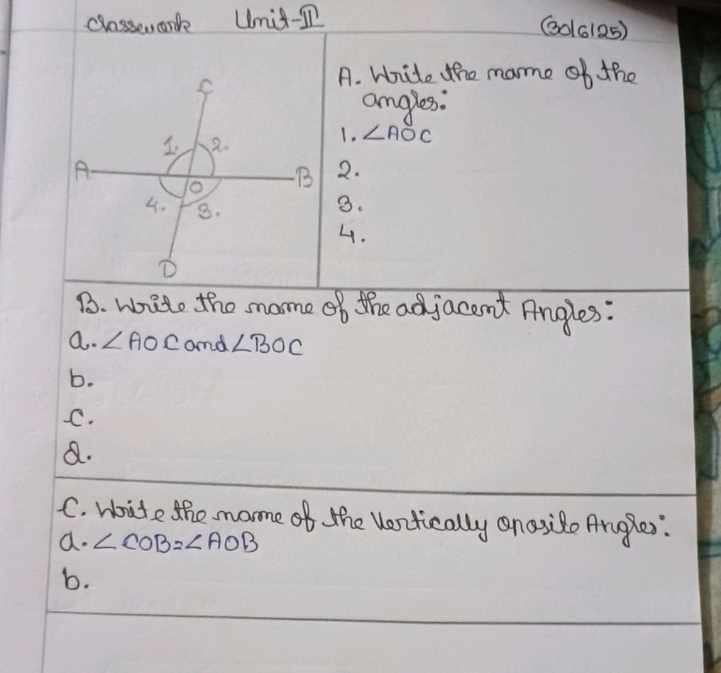 A. Write the name of the angles: 1. ∠AOC 2. | StudyX