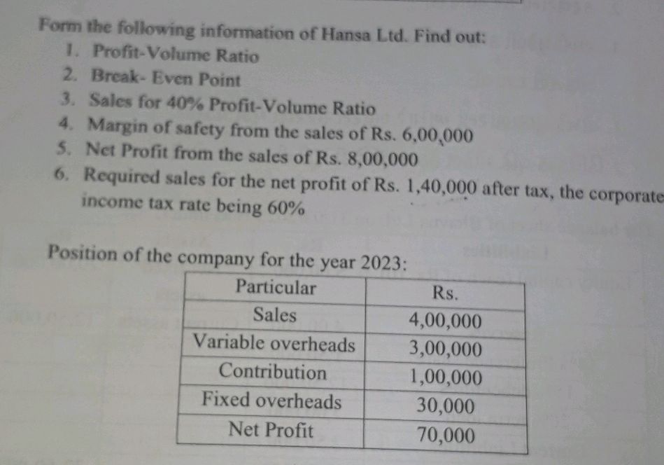 Form the following information of Hansa Ltd. | StudyX