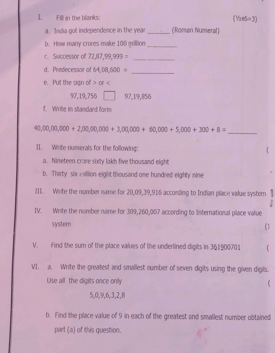I. Fill in the blanks: (1/2x6=3) a. India | StudyX