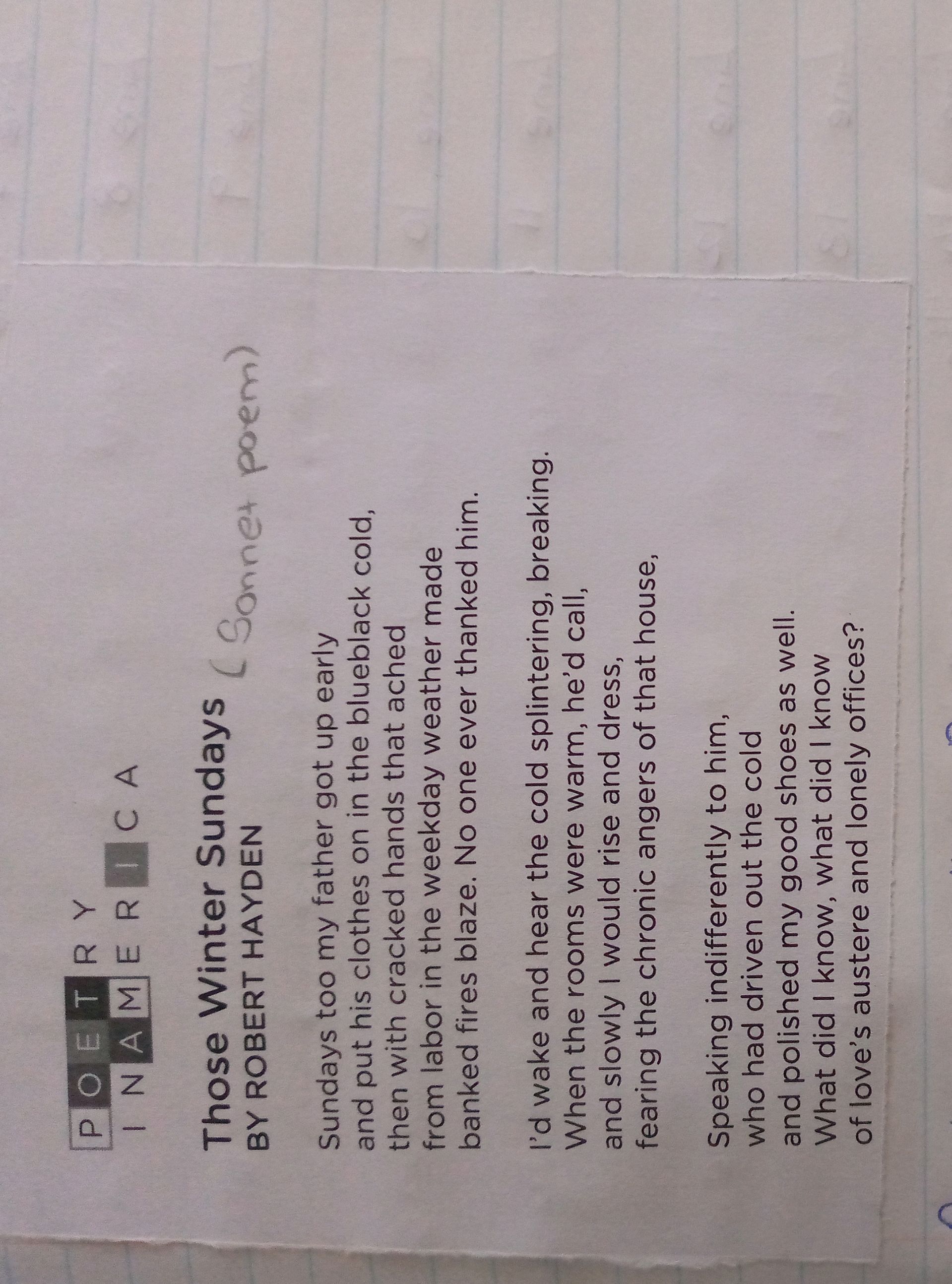 Those Winter Sundays (Sonnet poem) BY ROBERT | StudyX