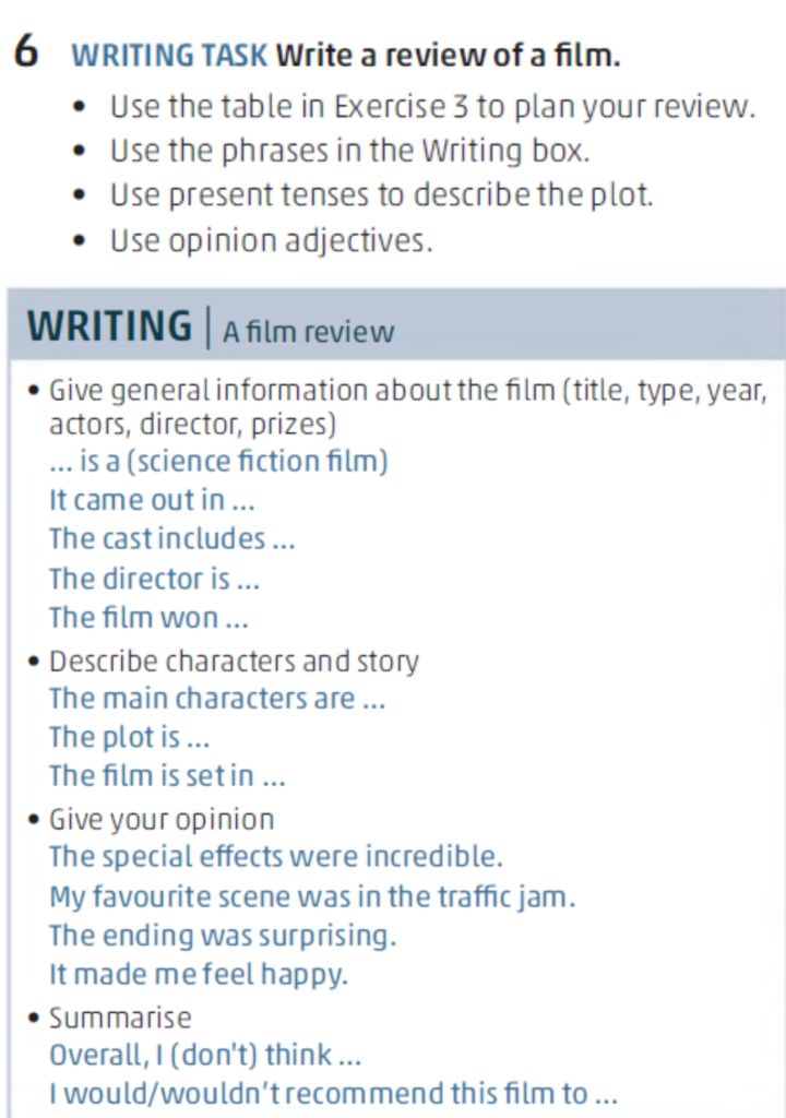 6 WRITING TASK Write a review of a film. * | StudyX