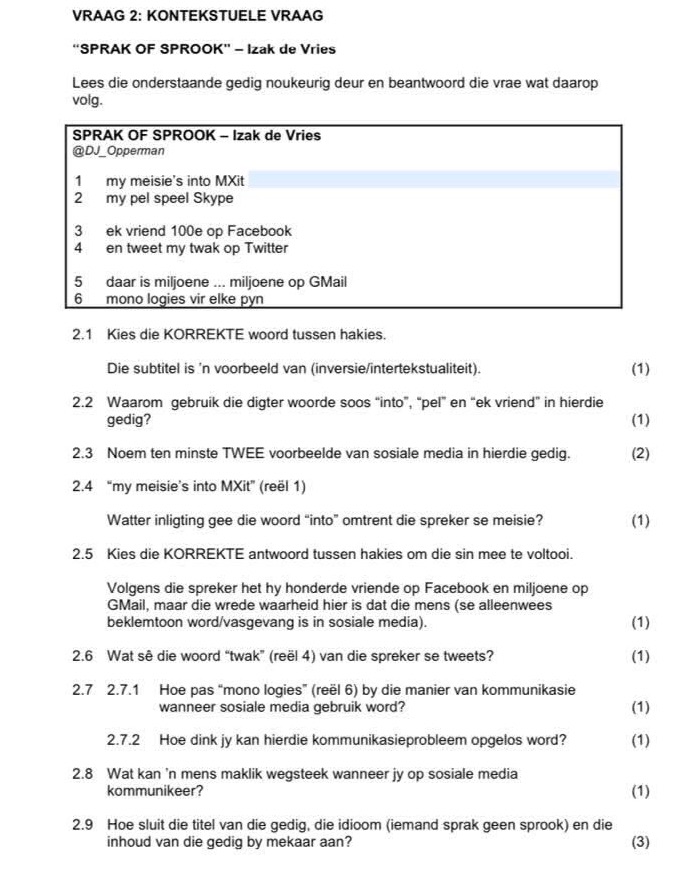 VRAAG 2: KONTEKSTUELE VRAAG "SPRAK OF