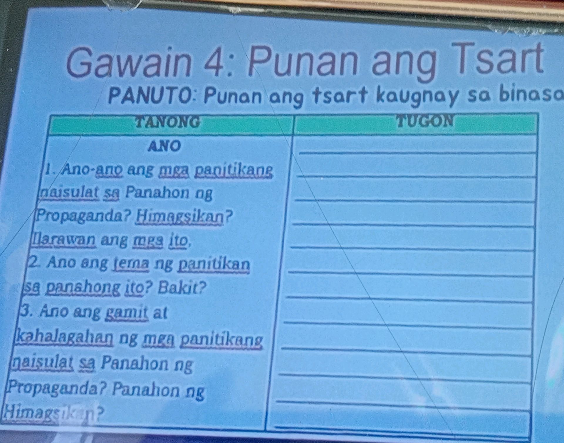 Gawain 4: Punan ang Tsart PANUTO: Punan ang | StudyX