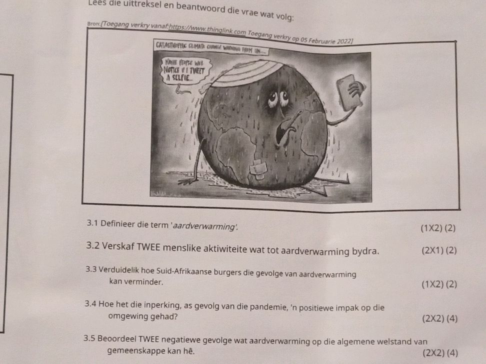 3.1 Definieer die term 'aardverwarming'. 3.2