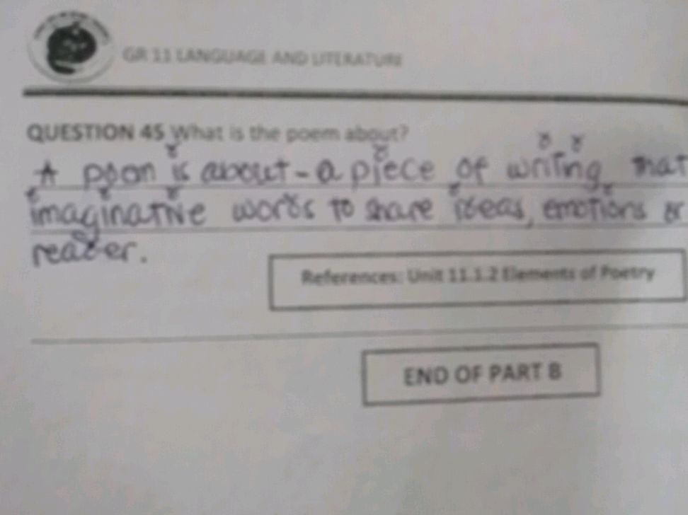 QUESTION 45 What is the poem about? A poon | StudyX