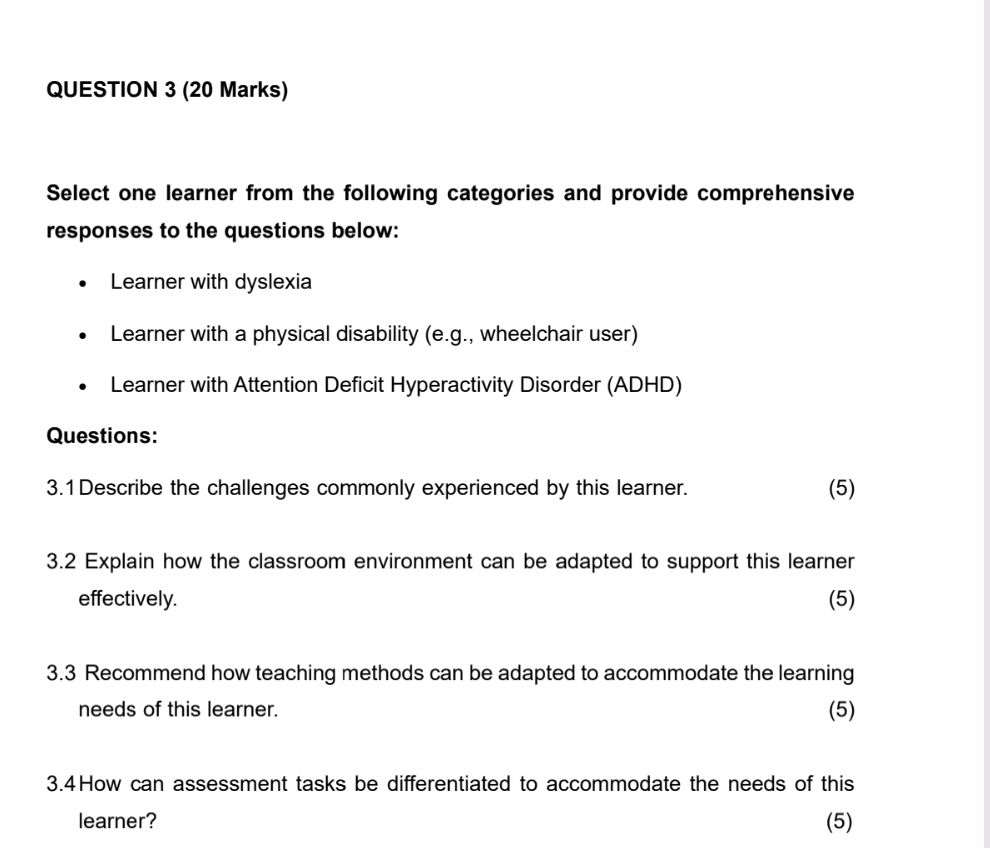 QUESTION 3 (20 Marks) Select one learner | StudyX