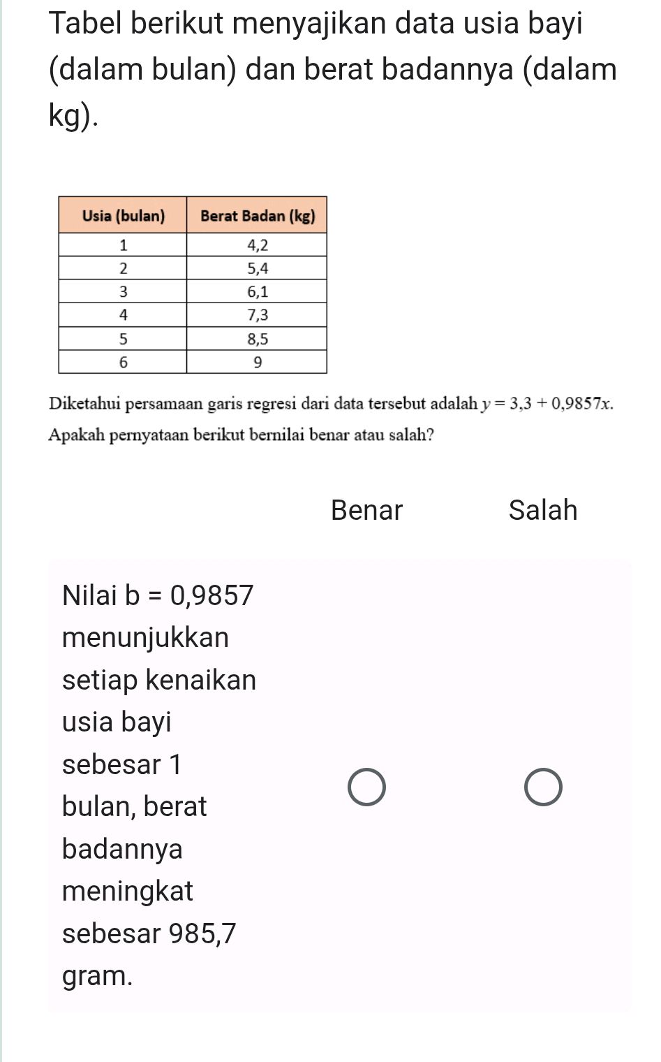 Tabel berikut menyajikan data usia bayi | StudyX