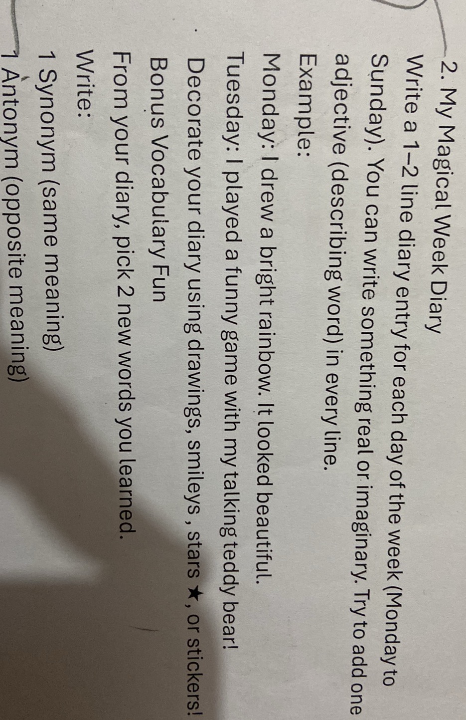 2. My Magical Week Diary Write a 1-2 line | StudyX