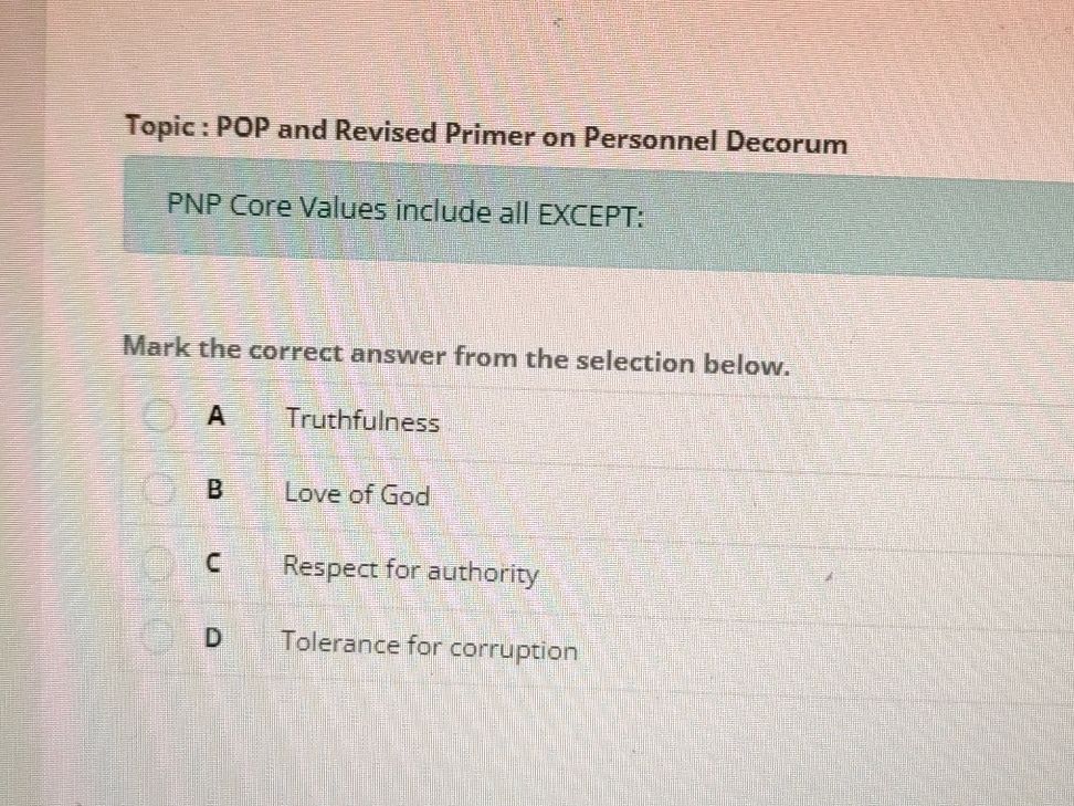 PNP Core Values include all EXCEPT: A | StudyX