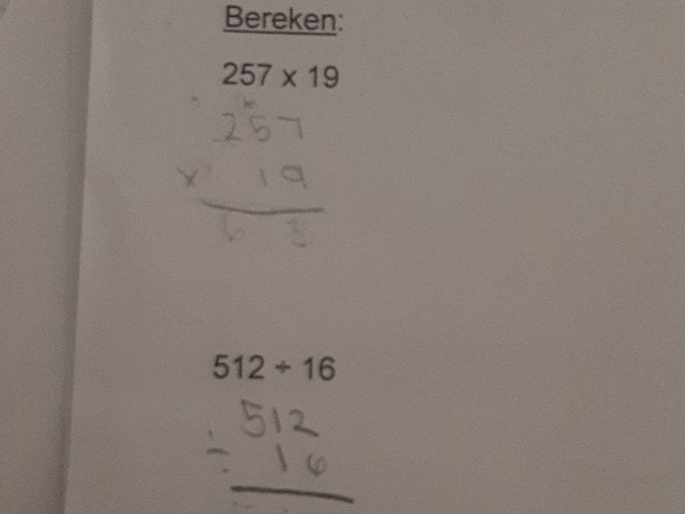 Bereken 257 x 19 en 512 + 16 | StudyX