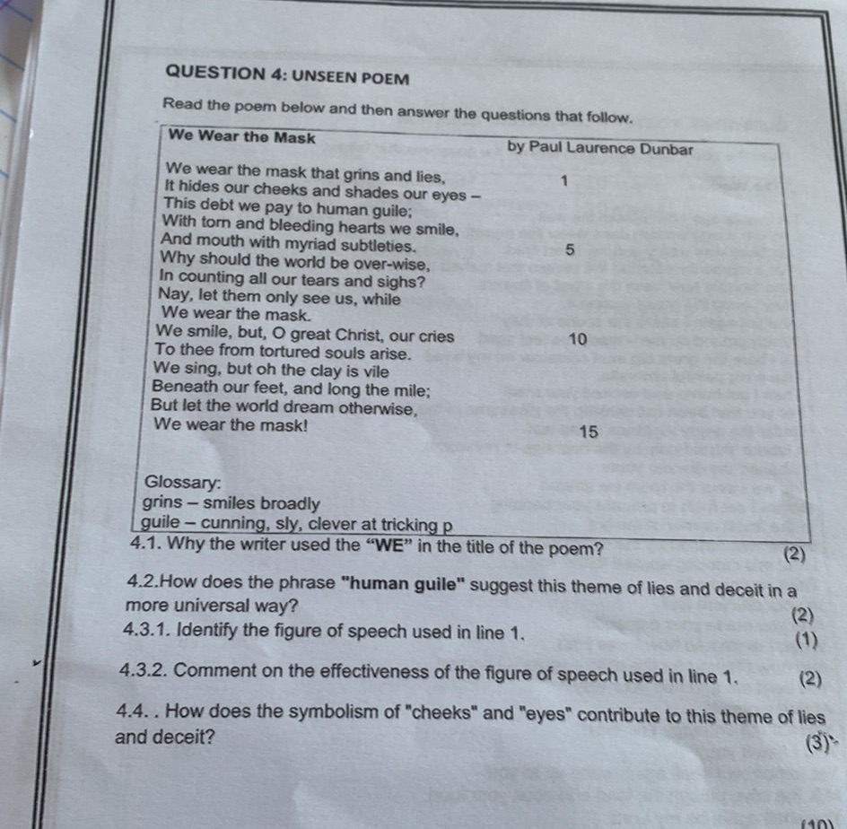 QUESTION 4: UNSEEN POEM Read the poem below | StudyX