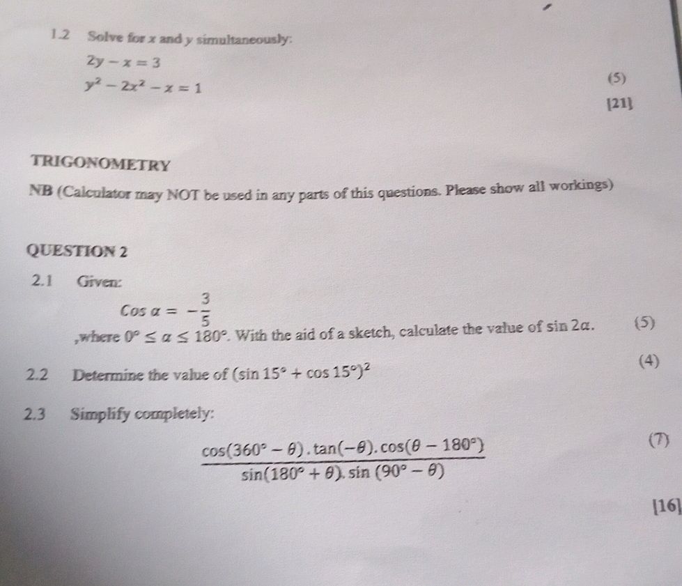1.2 Solve for x and y simultaneously: 2y - x | StudyX