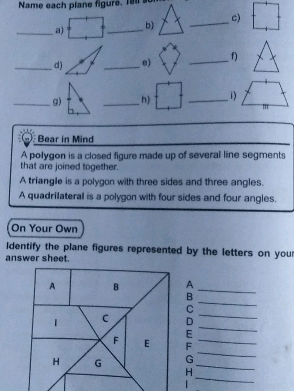 Name each plane figure. a) Rectangle b) | StudyX