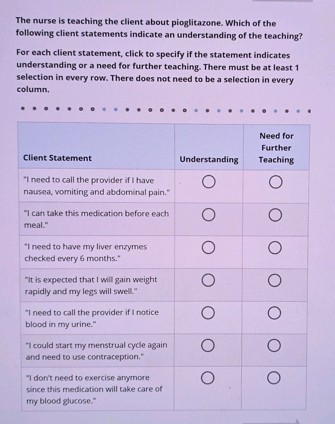 The nurse is teaching the client about | StudyX