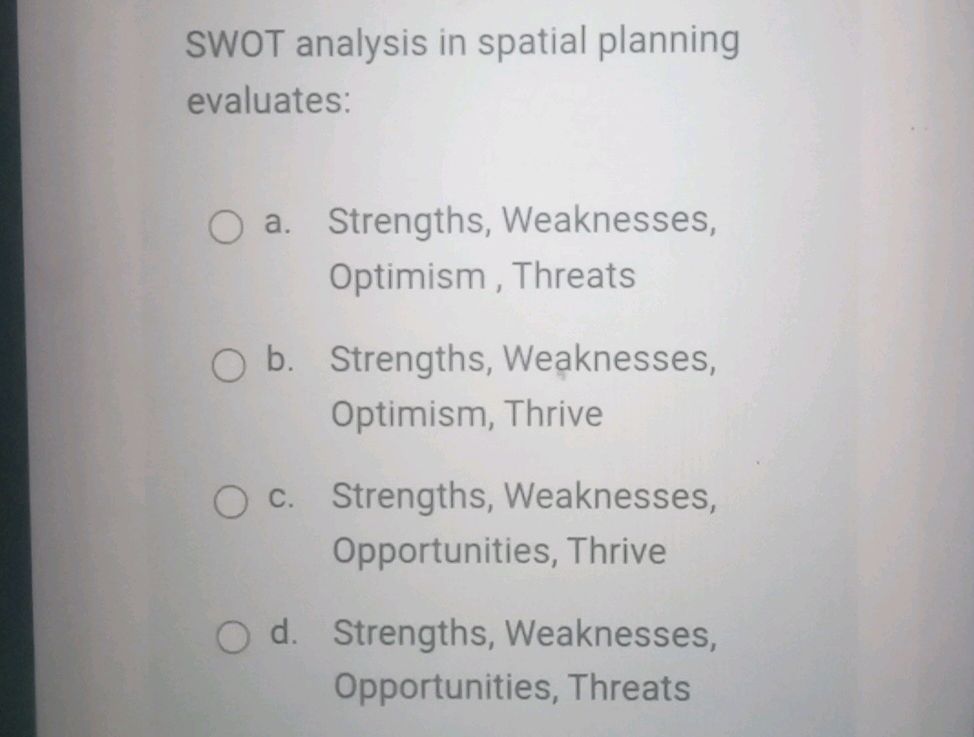SWOT analysis in spatial planning evaluates: | StudyX