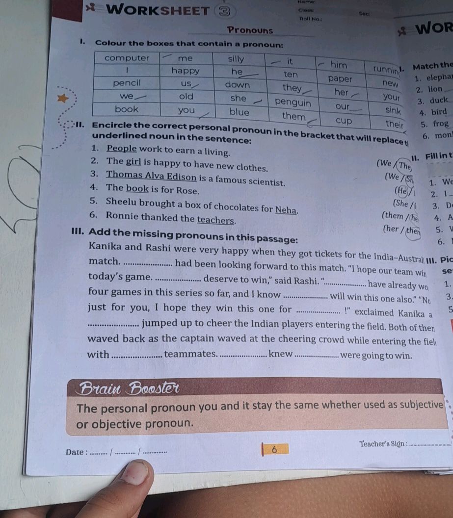 I. Colour the boxes that contain a pronoun: | StudyX