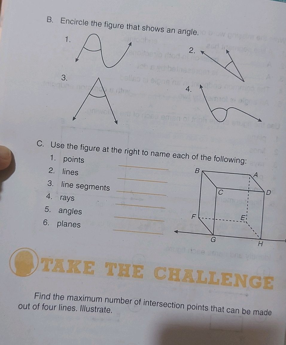 B. Encircle the figure that shows an angle. | StudyX