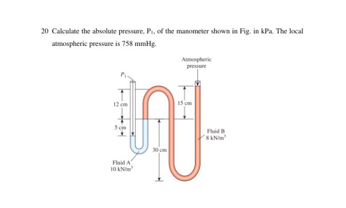 20 Calculate the absolute pressure, $P_1$,