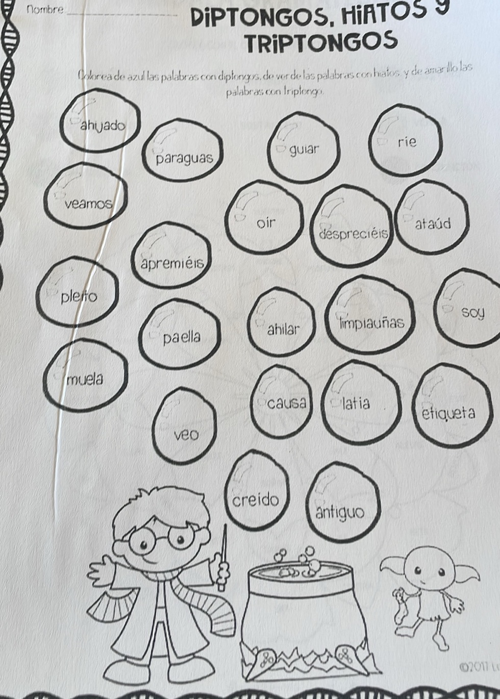 Colorea de azul las palabras con diptongos, | StudyX