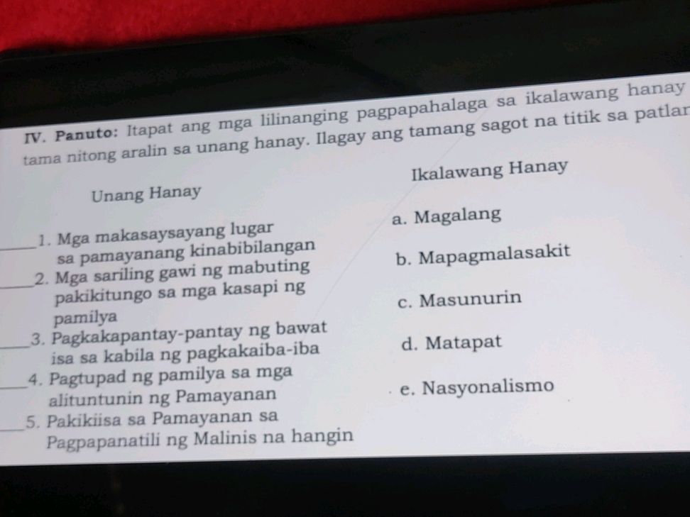 IV. Panuto: Itapat ang mga lilinanging | StudyX