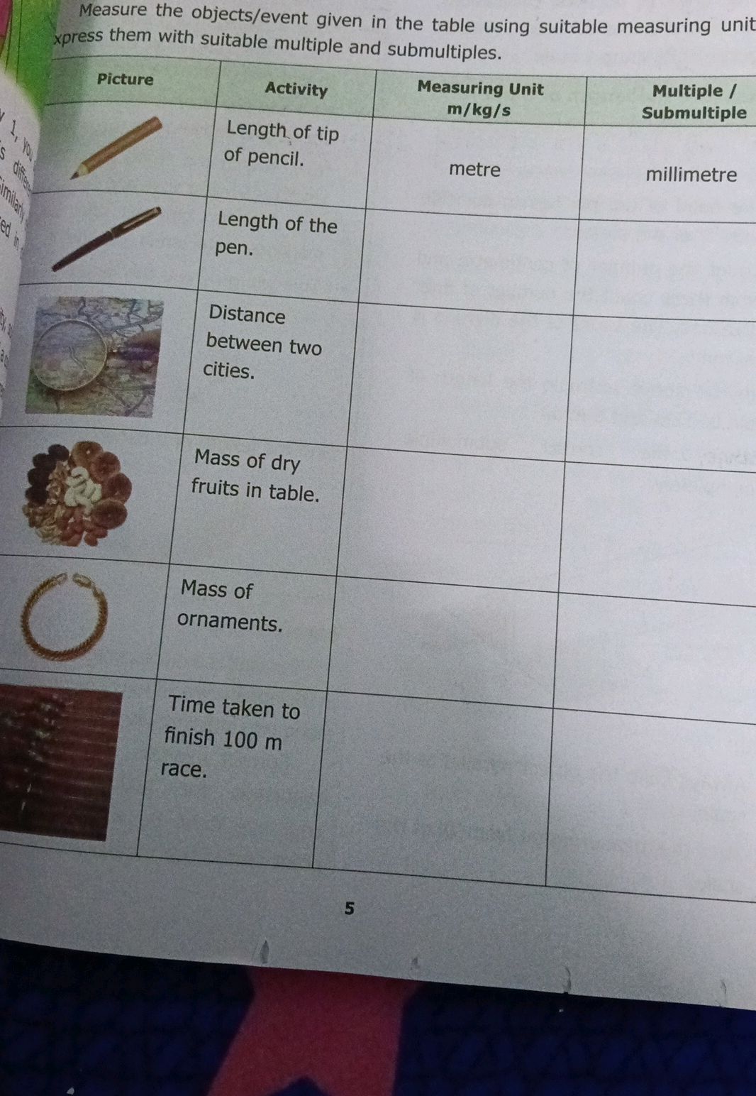 Measure the objects/event given in the table | StudyX