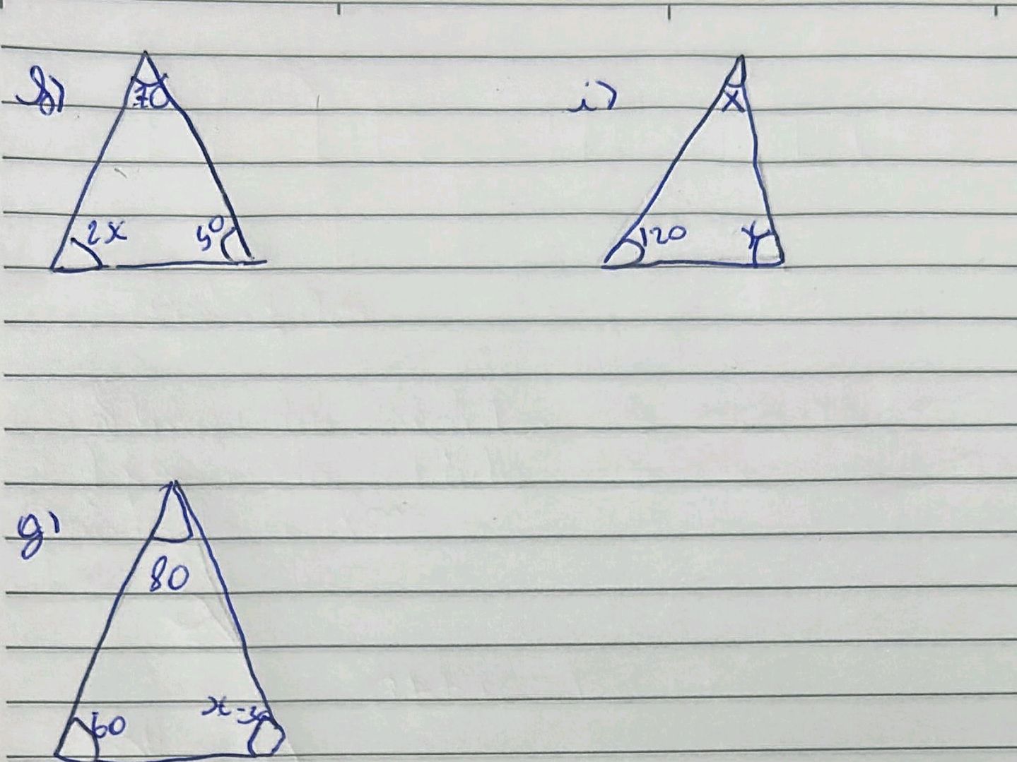 g) A triangle with angles $70^{ }$, $2x$, | StudyX