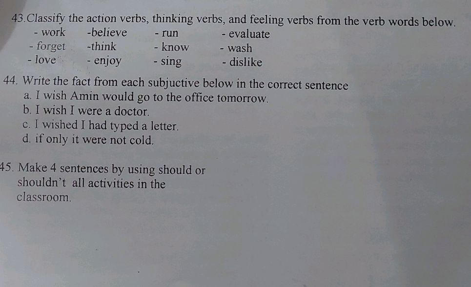 43. Classify the action verbs, thinking | StudyX