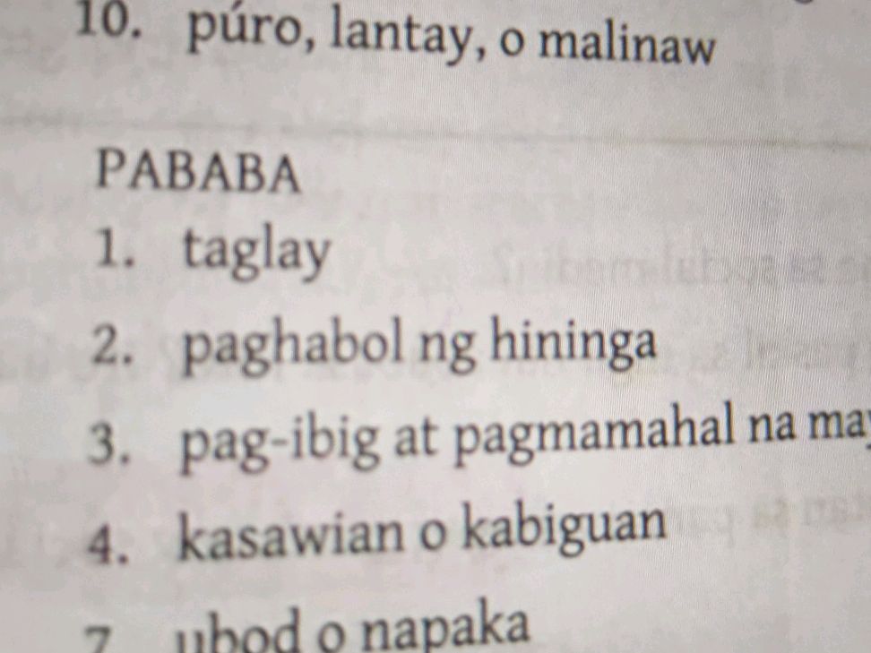 10. púro, lantay, o malinaw PABABA 1. | StudyX