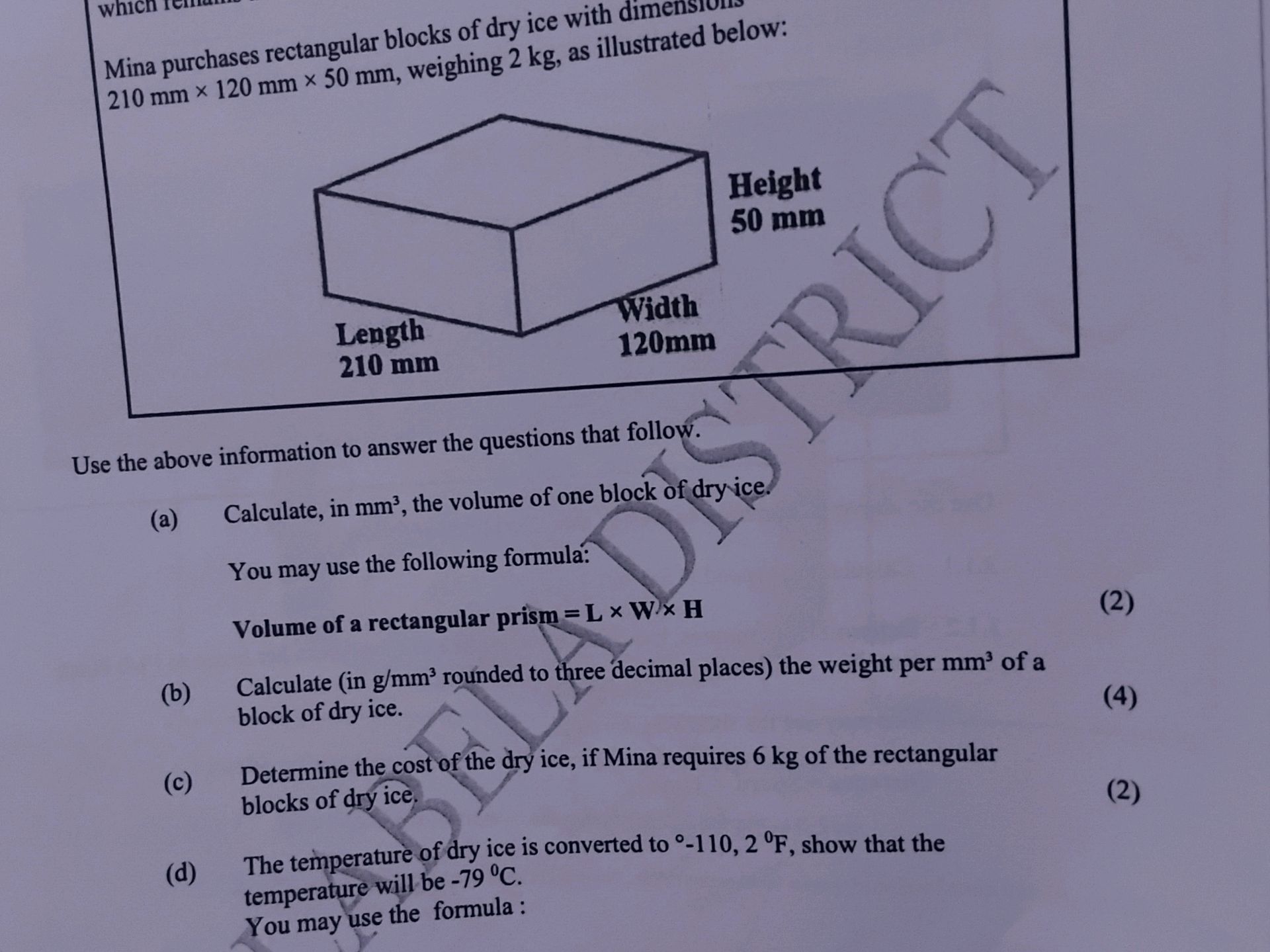 Mina purchases rectangular blocks of dry ice | StudyX