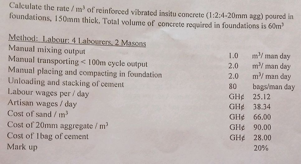 Calculate the rate / m³ of reinforced | StudyX
