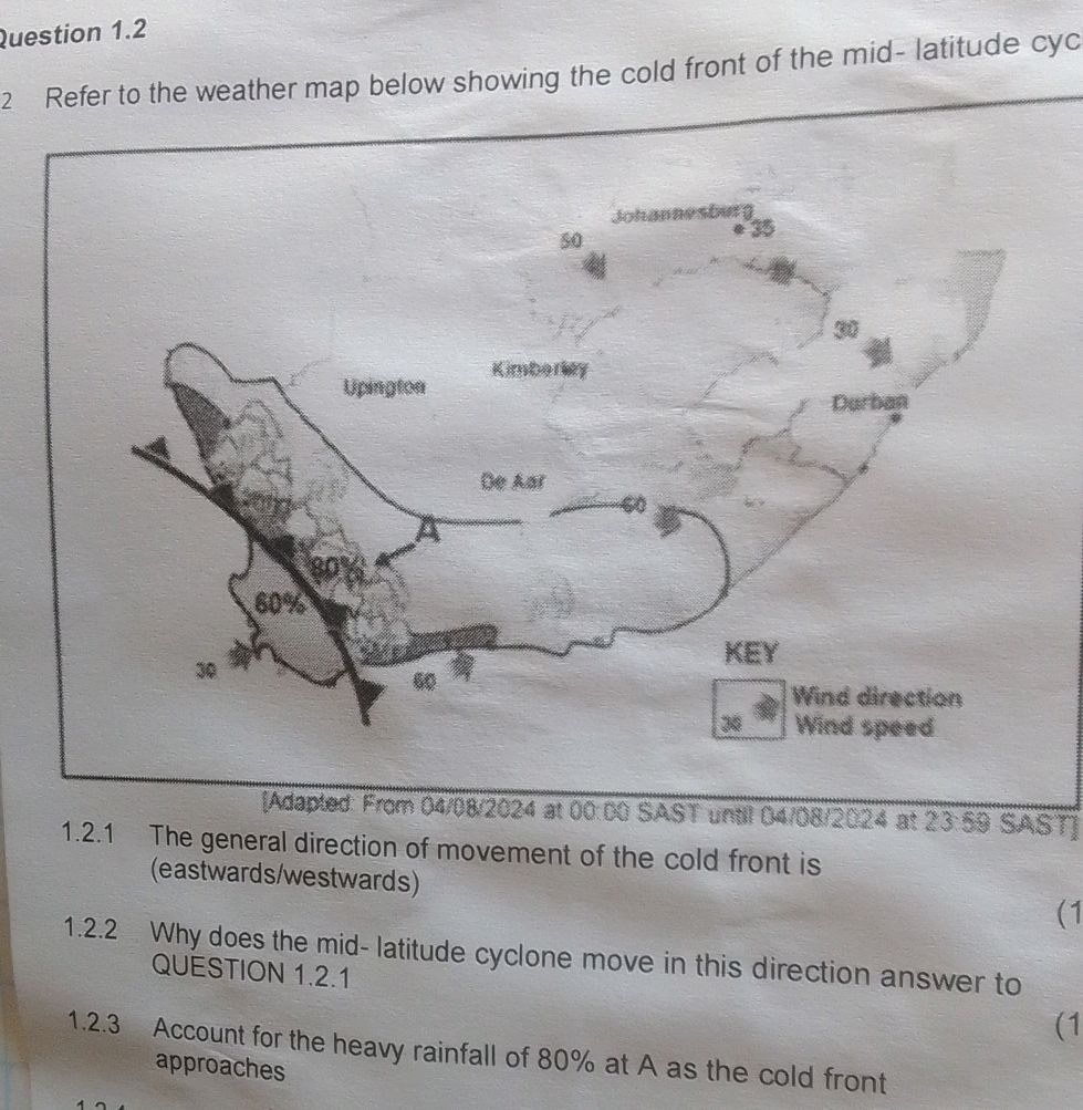 1. 2 Refer to the weather map below showing | StudyX