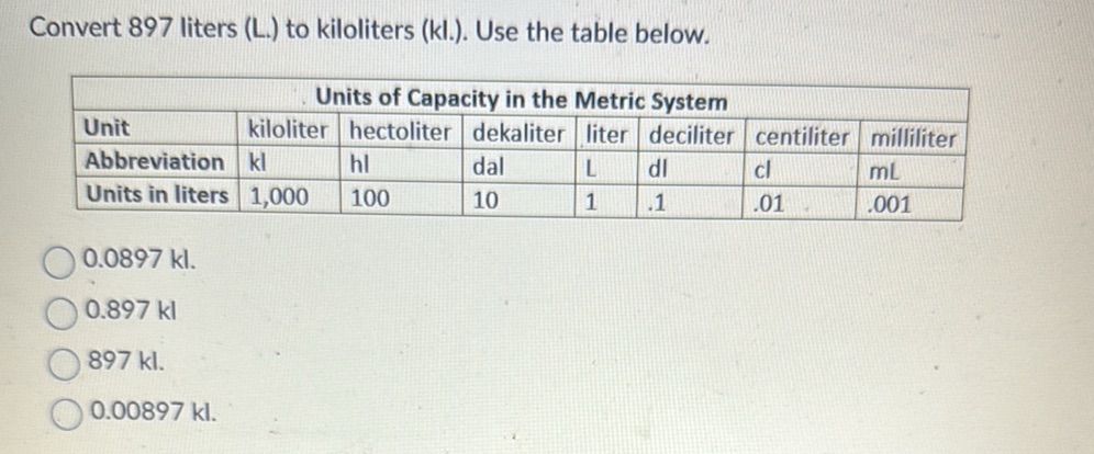 Convert 897 liters (L.) to kiloliters (kl.). | StudyX