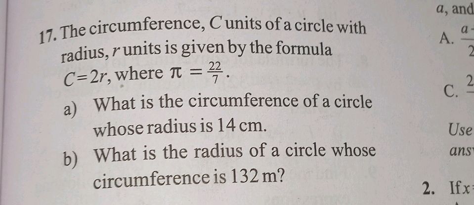 17. The circumference, *C* units of a circle | StudyX