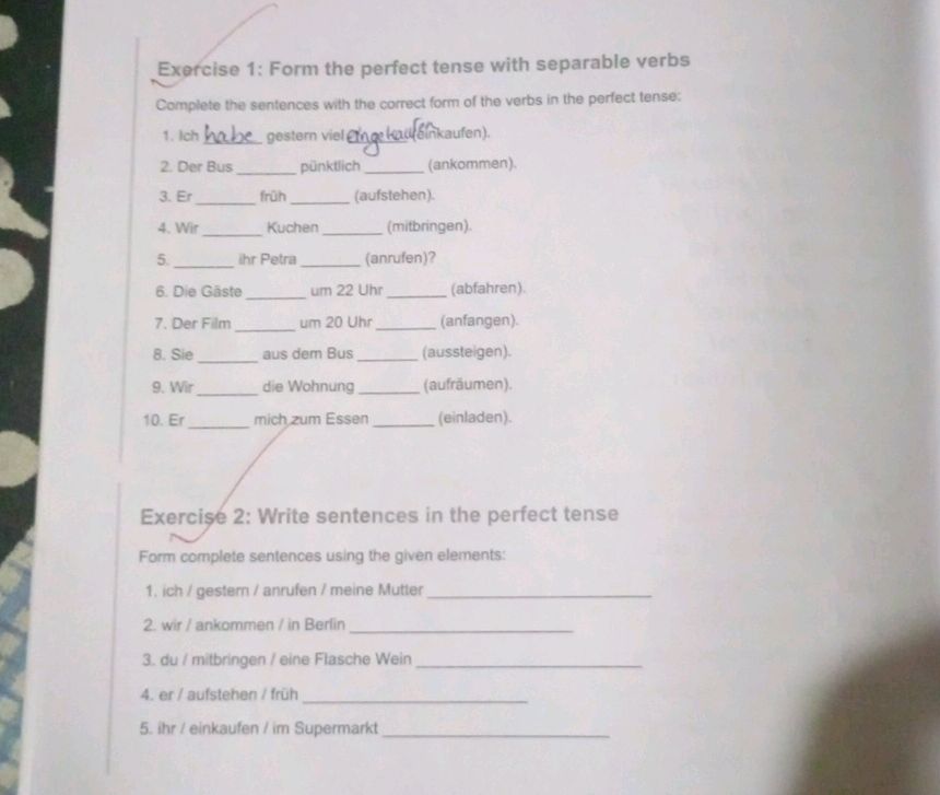 Exercise 1: Form the perfect tense with | StudyX
