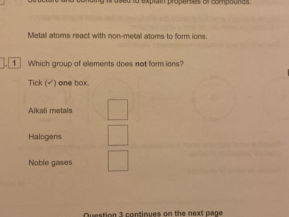 Which group of elements does not form ions? | StudyX