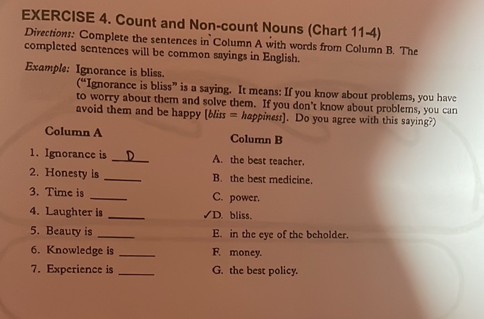 EXERCISE 4. Count and Non-count Nouns (Chart | StudyX