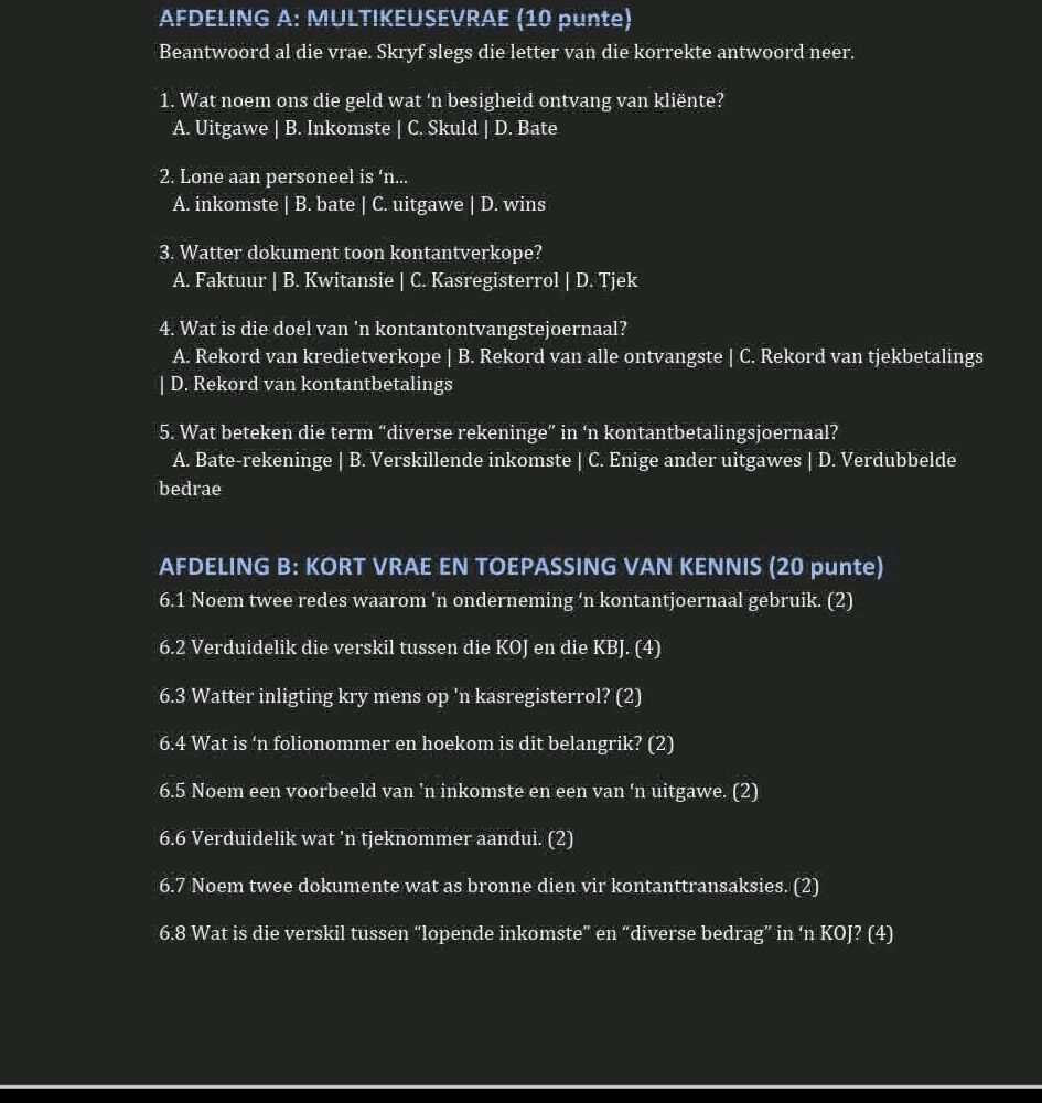 AFDELING A: MULTIKEUSEVRAE (10 punte) | StudyX