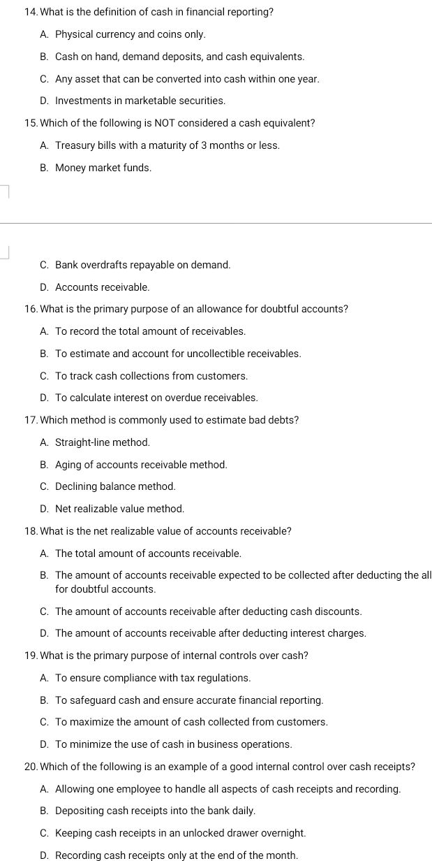 14. What is the definition of cash in | StudyX