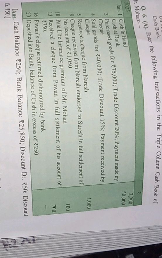 Q. 6. (A). Enter the following transactions | StudyX