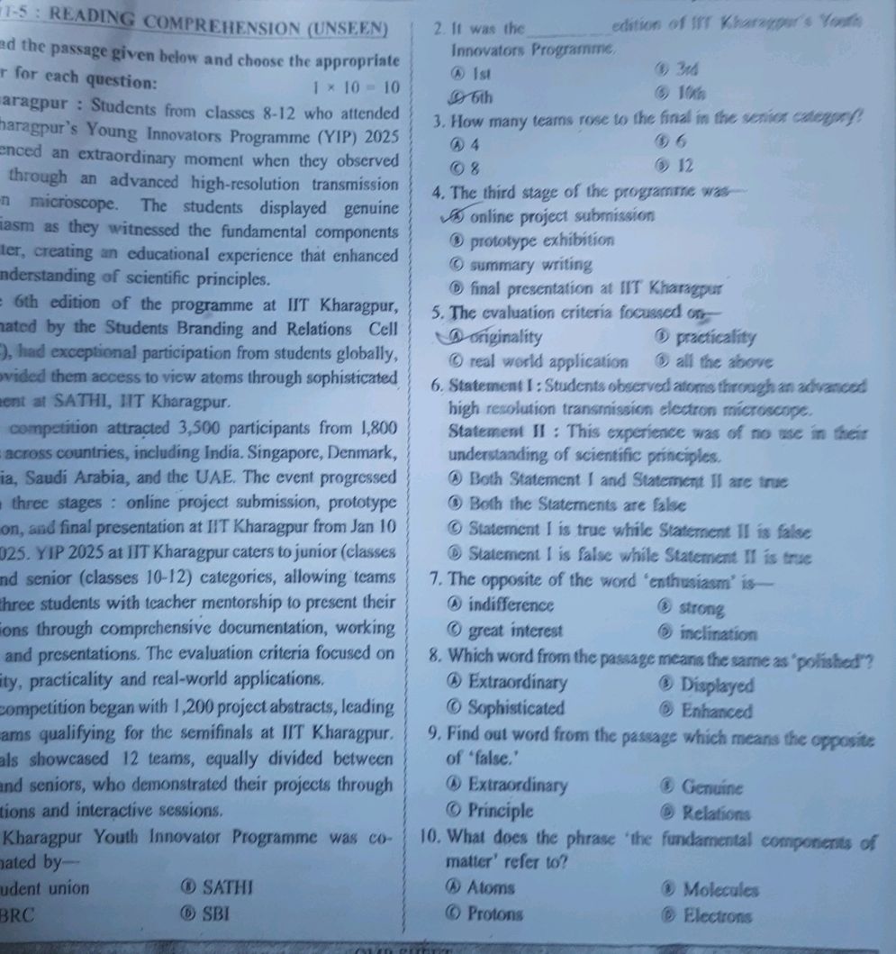 1-5: READING COMPREHENSION (UNSEEN) nd the | StudyX