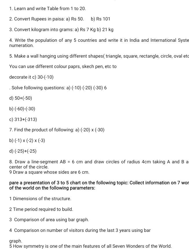 1. Learn and write Table from 1 to 20. 2. | StudyX