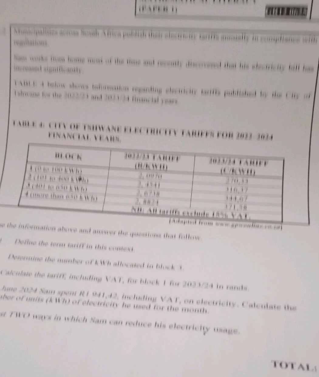 TABLE 4: CITY OF TSHWANE ELECTRICITY TARIFFS | StudyX