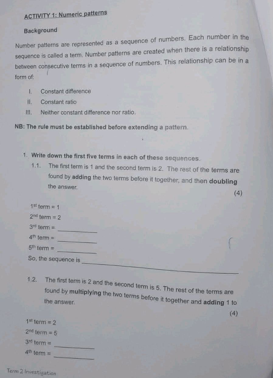 ACTIVITY 1: Numeric patterns Background | StudyX