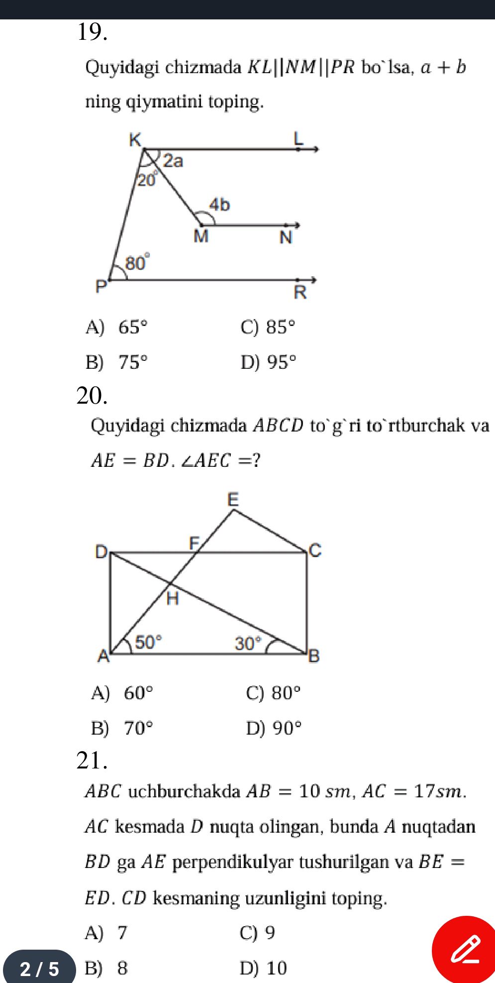 19. Quyidagi chizmada $KL NM PR$ bo'lsa, | StudyX