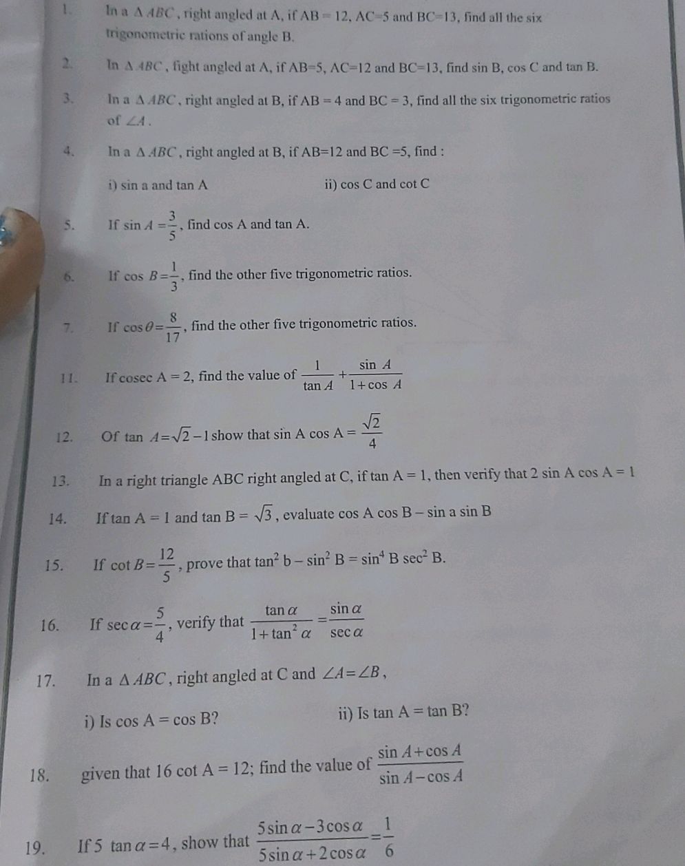1. In a $ ABC$, right angled at A, if AB = | StudyX