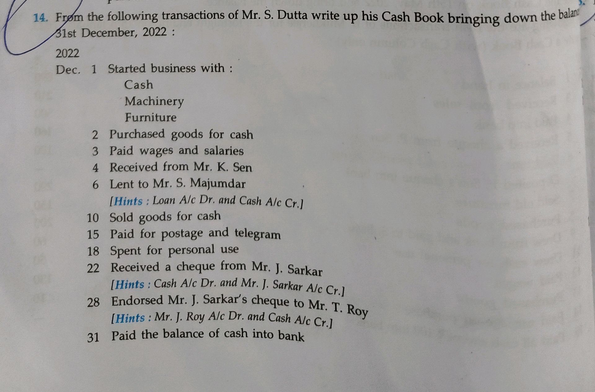14. From the following transactions of Mr. | StudyX