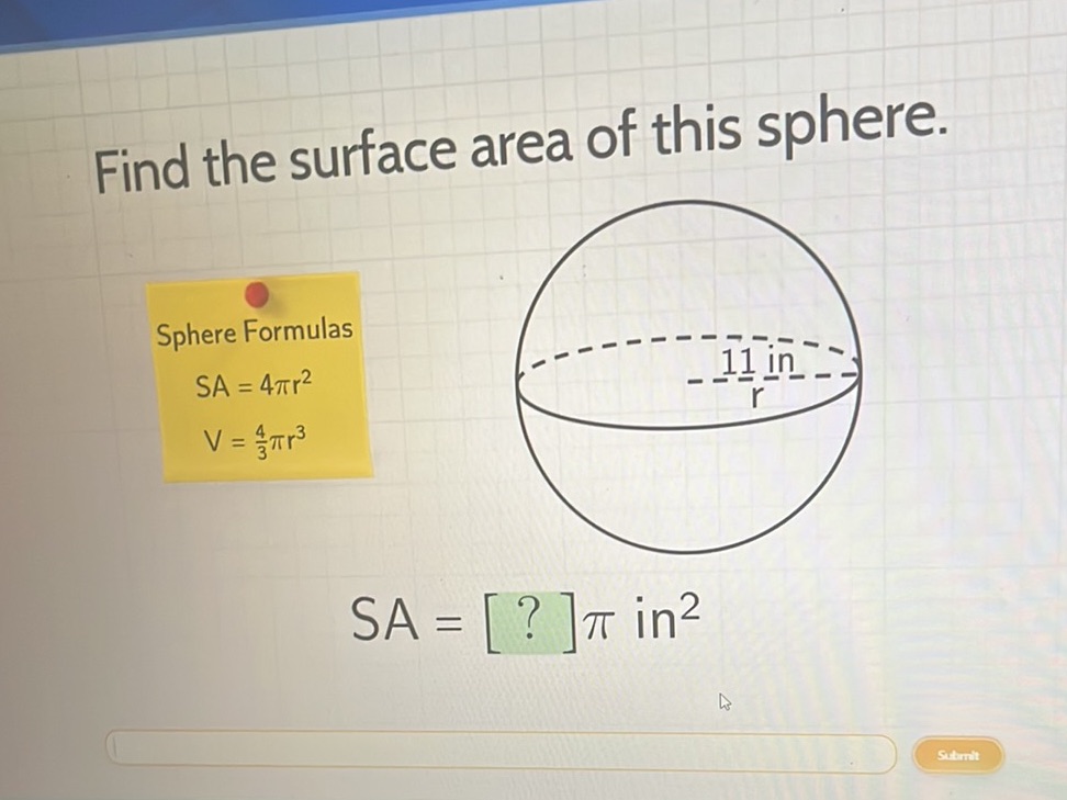Find the surface area of this sphere. | StudyX