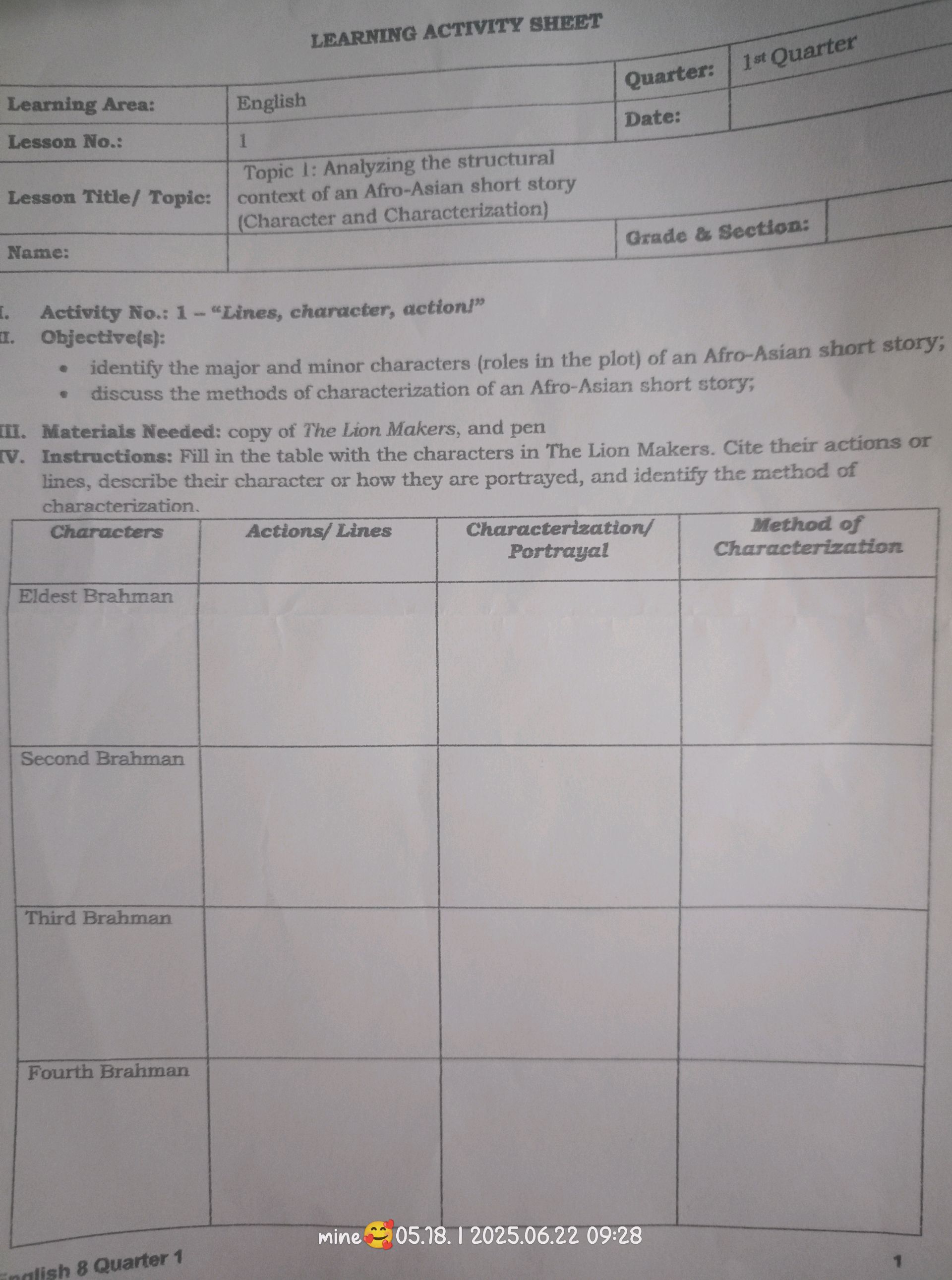 Activity No.: 1 - "Lines, character, | StudyX