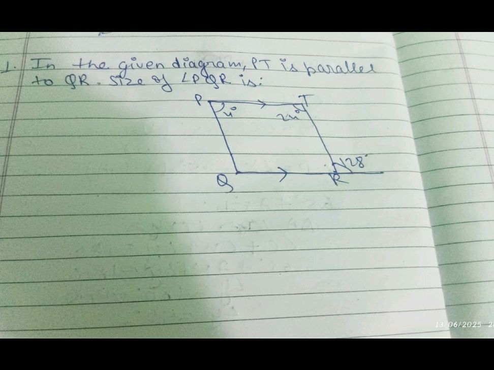 1. In the given diagram, PT is parallel to | StudyX
