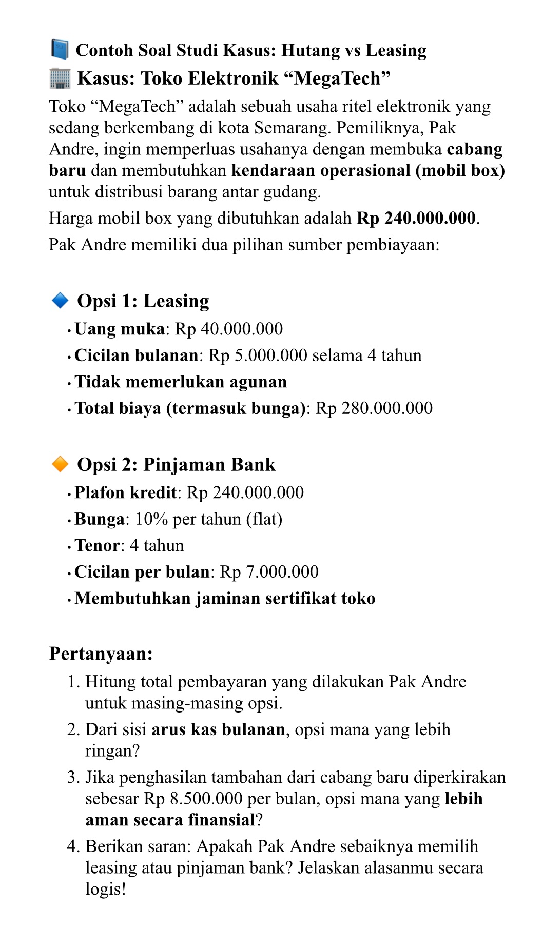 Contoh Soal Studi Kasus: Hutang vs Leasing | StudyX